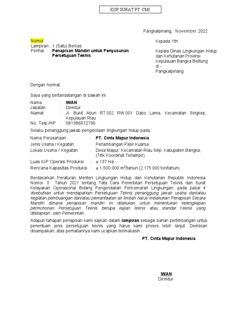 Surat Penapisan Mandiri Air Limbah | PDF Surat Penapisan Mandiri Air Limbah | PDF