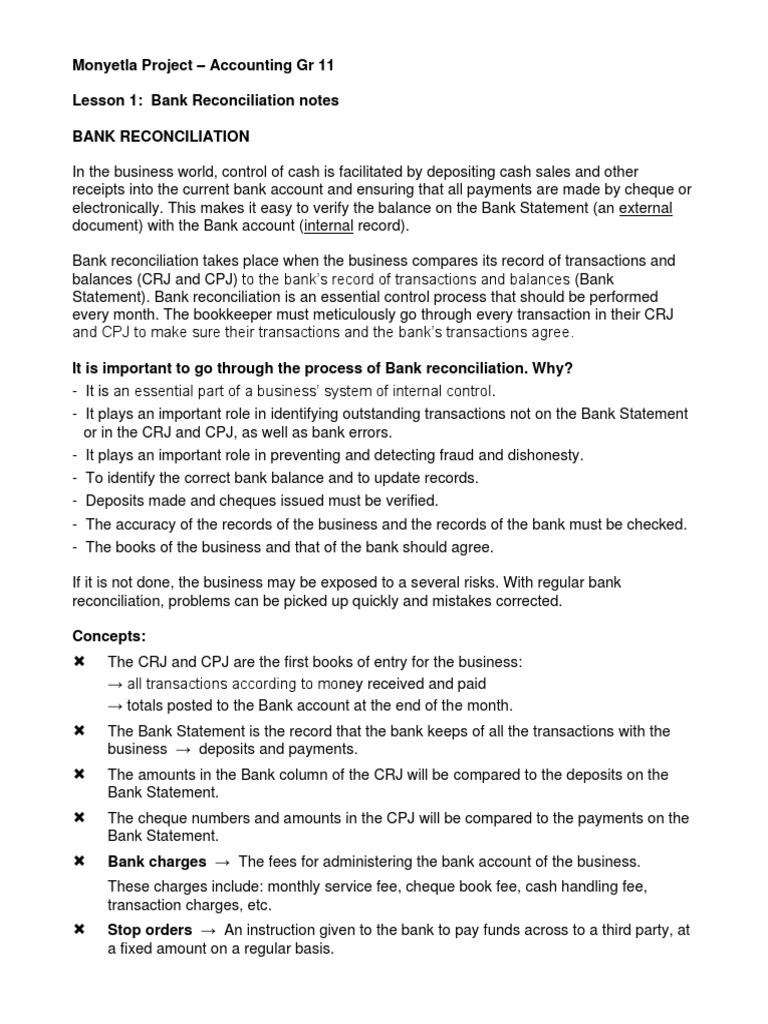 Accounting Lesson 1 Bank Reconciliation Notes | PDF | Debits And ...