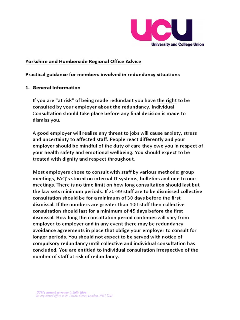 Redundancy Consultation Guidance for UCU Members | PDF | Layoff ...