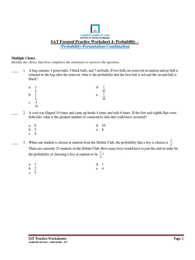 Sat Focused Practice Worksheet 4 - Probability | PDF