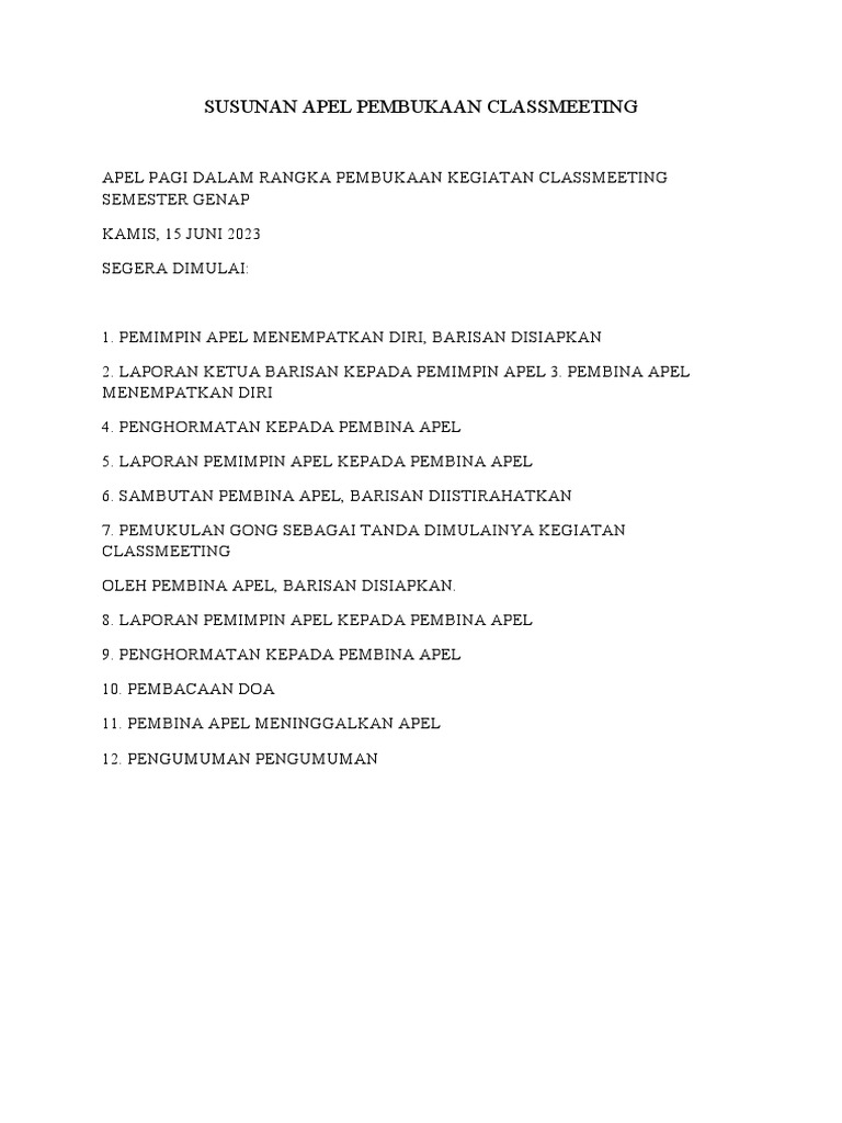 Susunan Apel Pembukaan Classmeeting | PDF