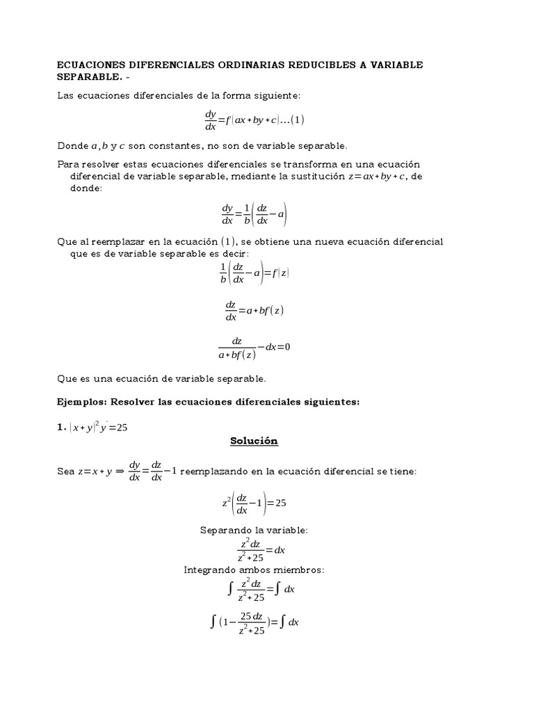 Ecuaciones Diferenciales Ordinarias Reducibles A Variable Separable ...