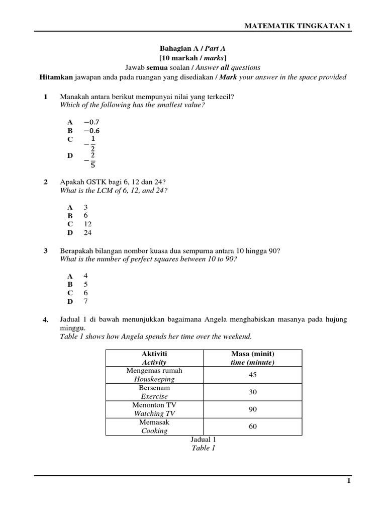Ujian 1 Math t1 | PDF