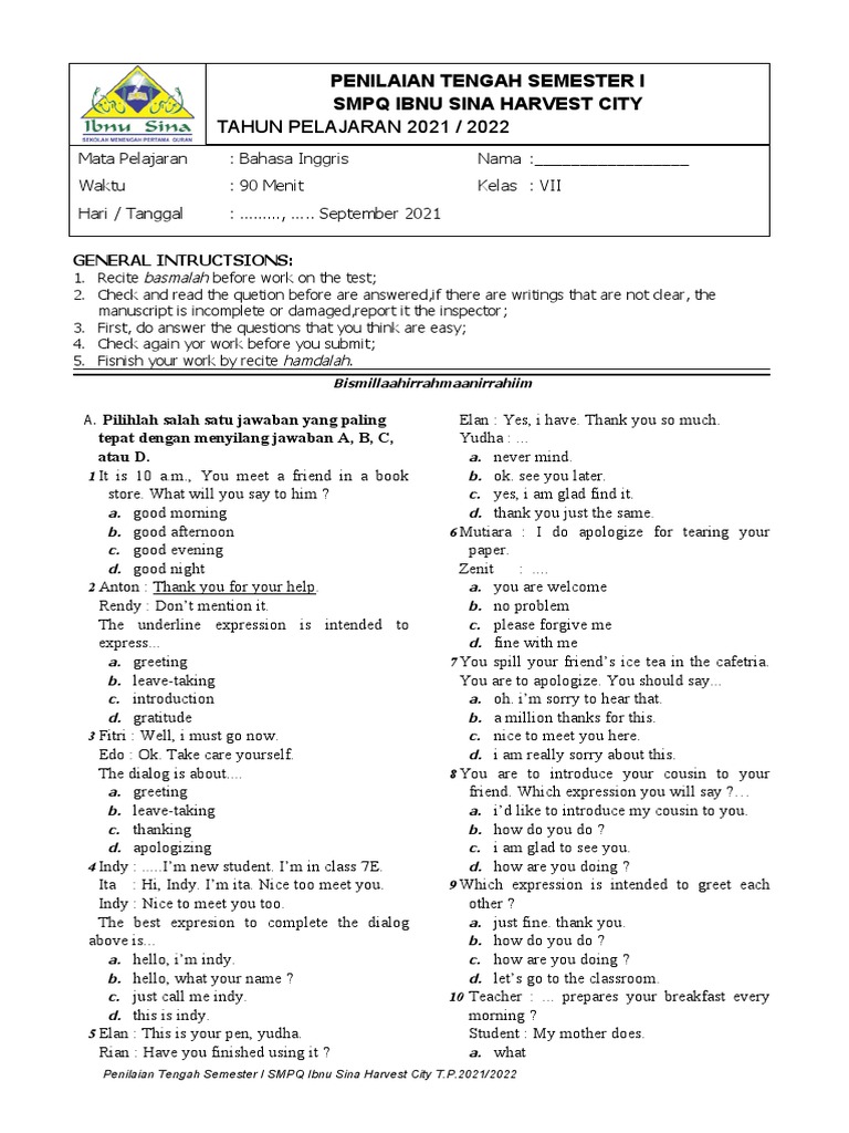 Soal Pts SMPQ Ibsi - Bahasa Inggris | PDF