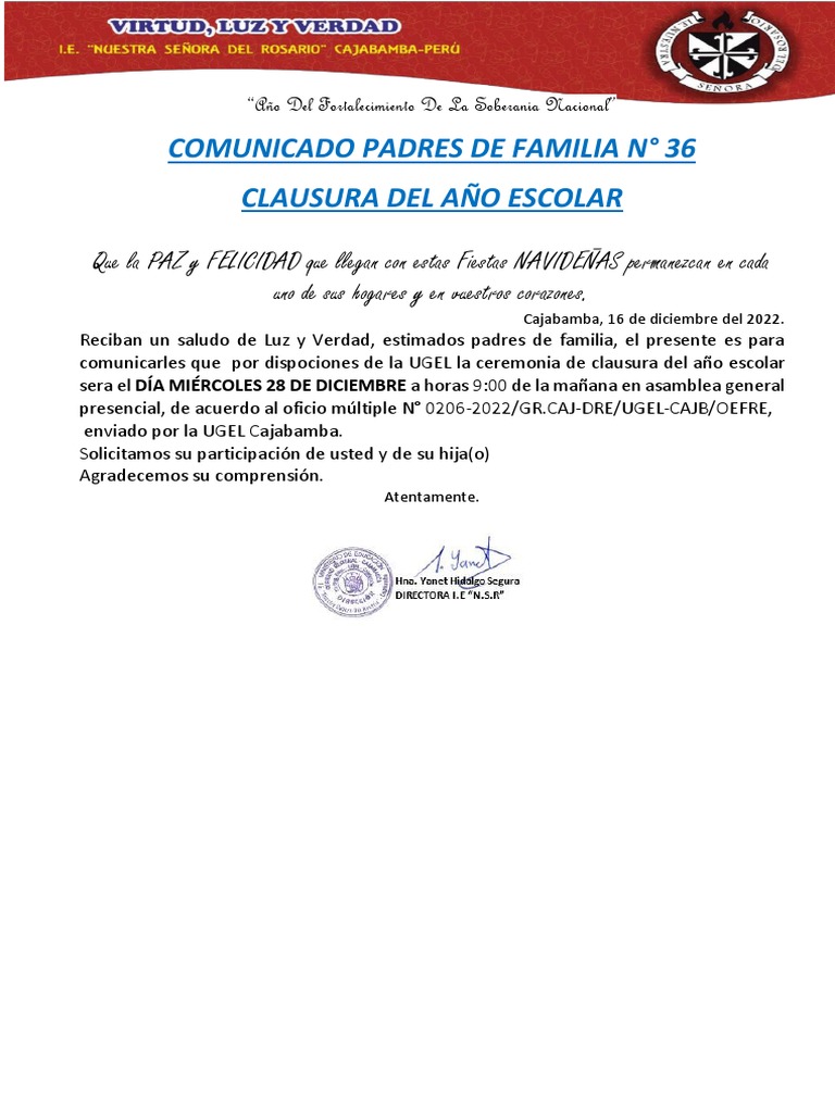Comunicado Padres de Familia 36 Clausura Del Año Escolar | PDF