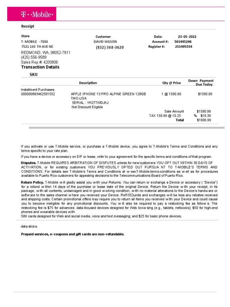 T Mobile Invoice | PDF | T Mobile Us | Receipt