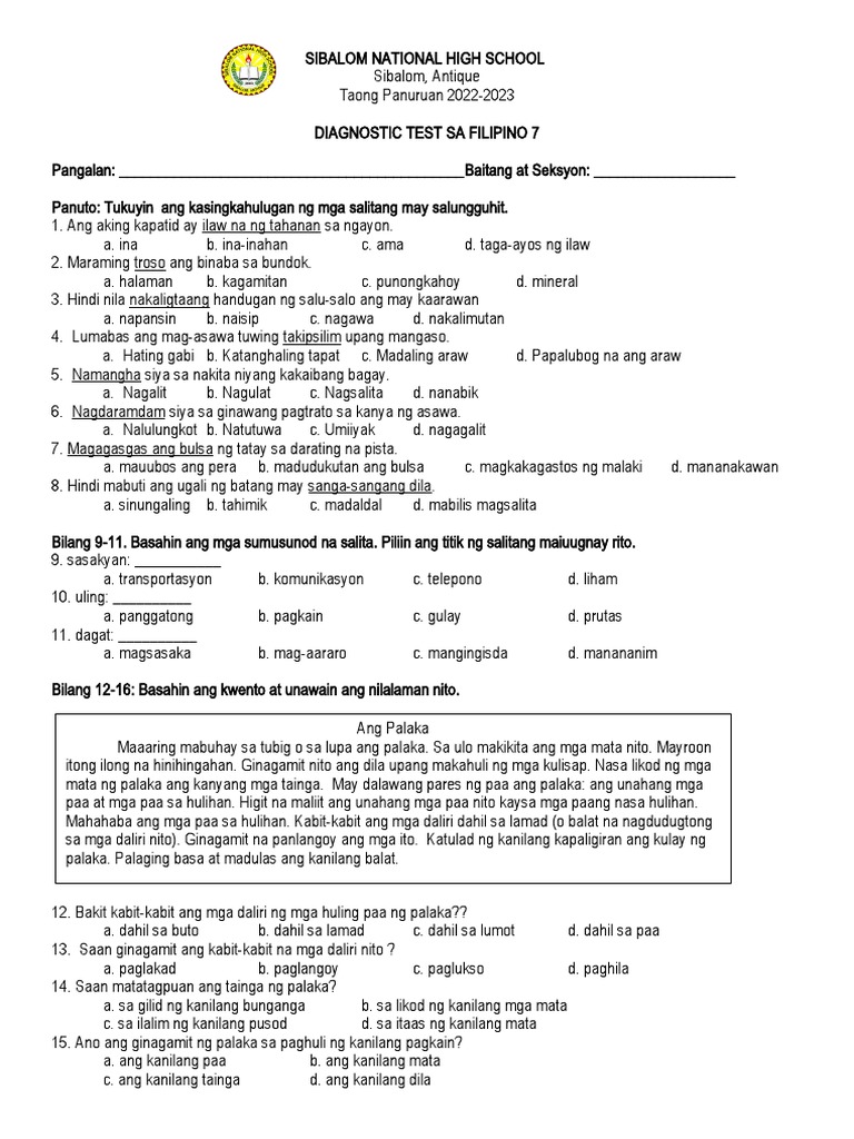 FIL 7 Diagnostic Test | PDF