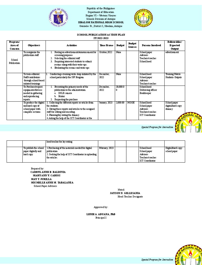 Action Plan of School Paper1 | PDF