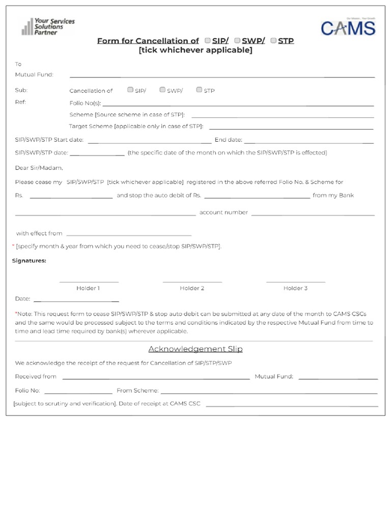 Form For Cancellation of SIP - SWP - STP | PDF