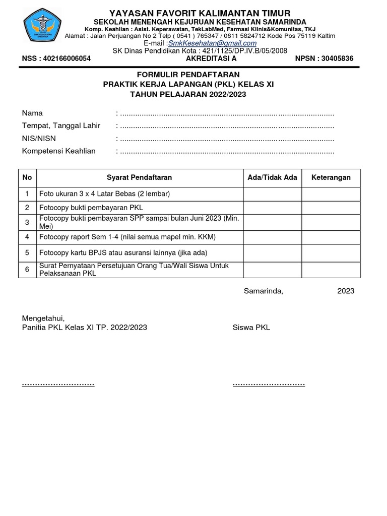 Formulir PKL 2023 | PDF