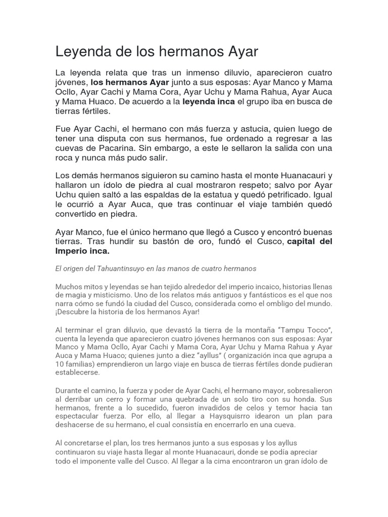 Leyenda de Los Hermanos Ayar | PDF | Imperio Inca