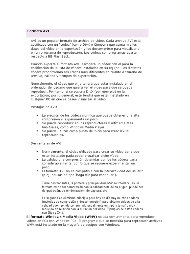 Formato AVI | PDF | Compresión de datos | Vídeo