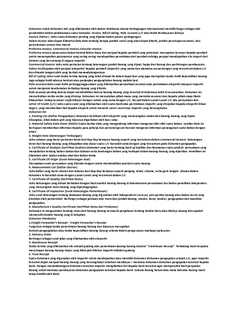 Dokumen Induk Dokumen Inti Yang Dikeluarkan Oleh Badan Pelaksana Utama Perdagangan Internasional ...