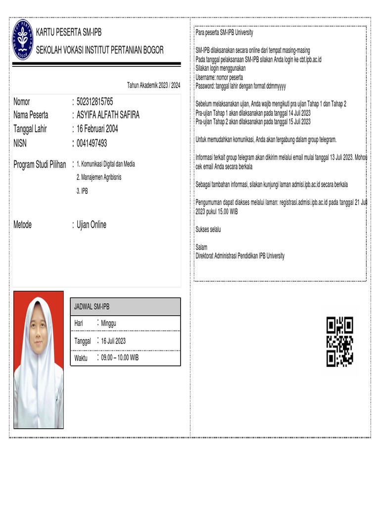 Sekolah Vokasi Institut Pertanian Bogor Kartu Peserta Sm-Ipb | PDF