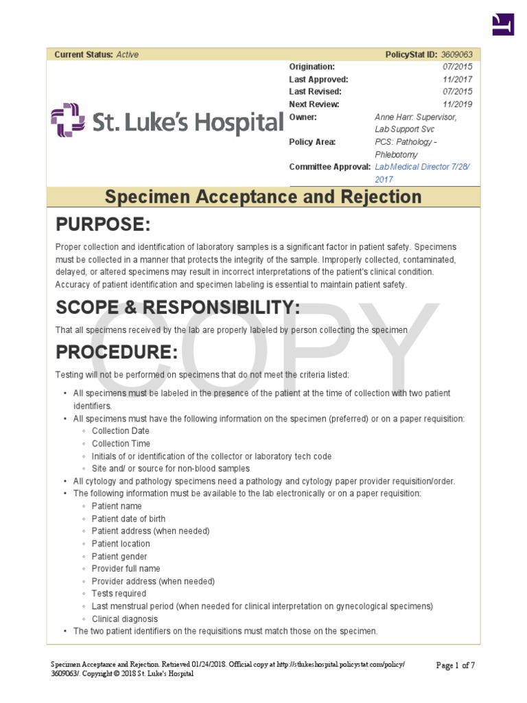 Specimen Acceptance and Rejection | PDF | Pathology | Laboratories