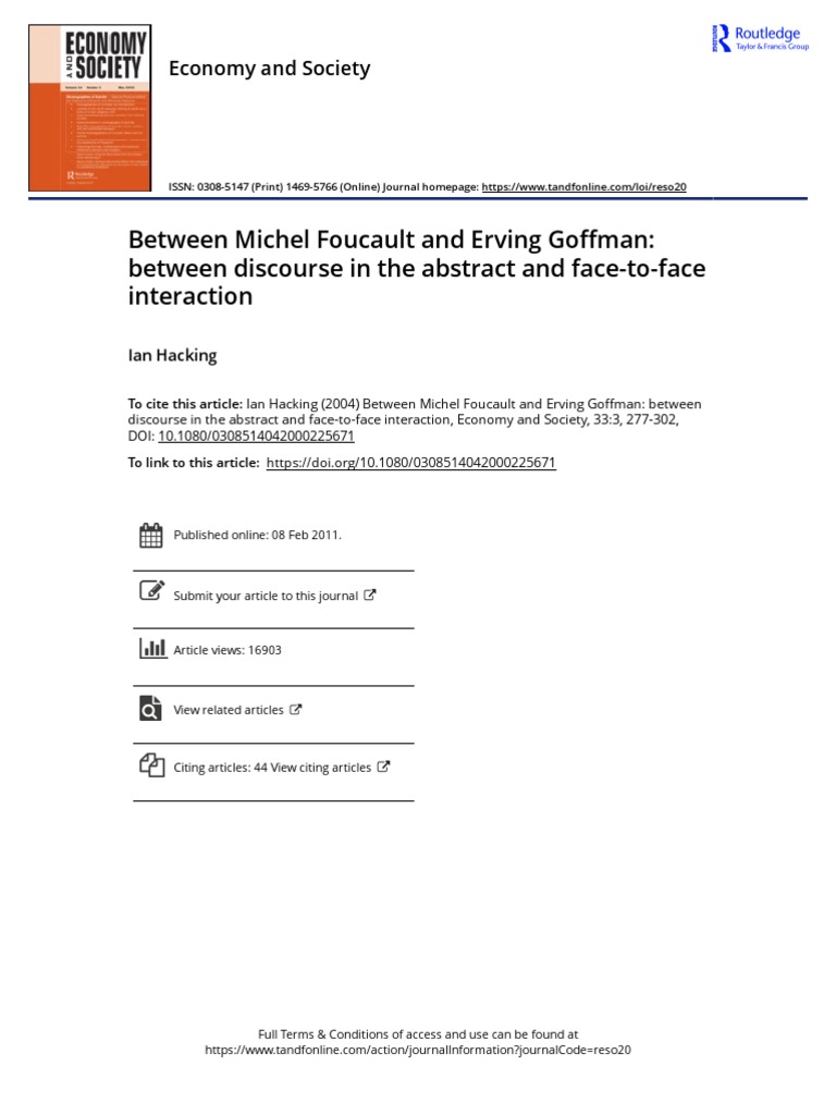 Between Michel Foucault and Erving Goffman Between Discourse in The Abstract and Face To Face ...