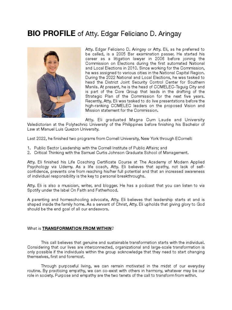 Atty. Edgar Feliciano D. Aringay Profile | PDF | Psychology