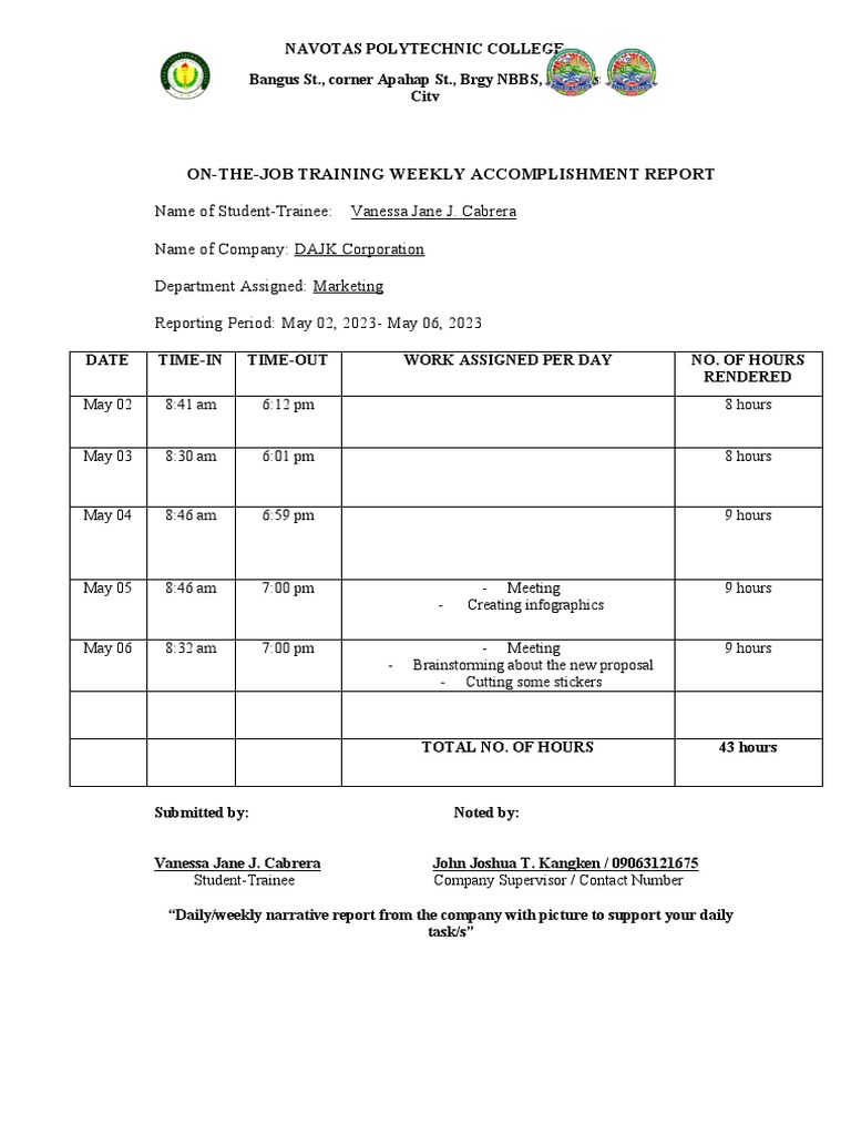 Weekly OJT Accomplishment Report | PDF