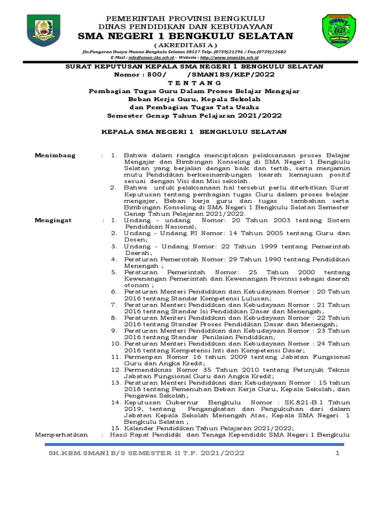 Sk. Pembagian Tugas 2021 2022 Genap | PDF