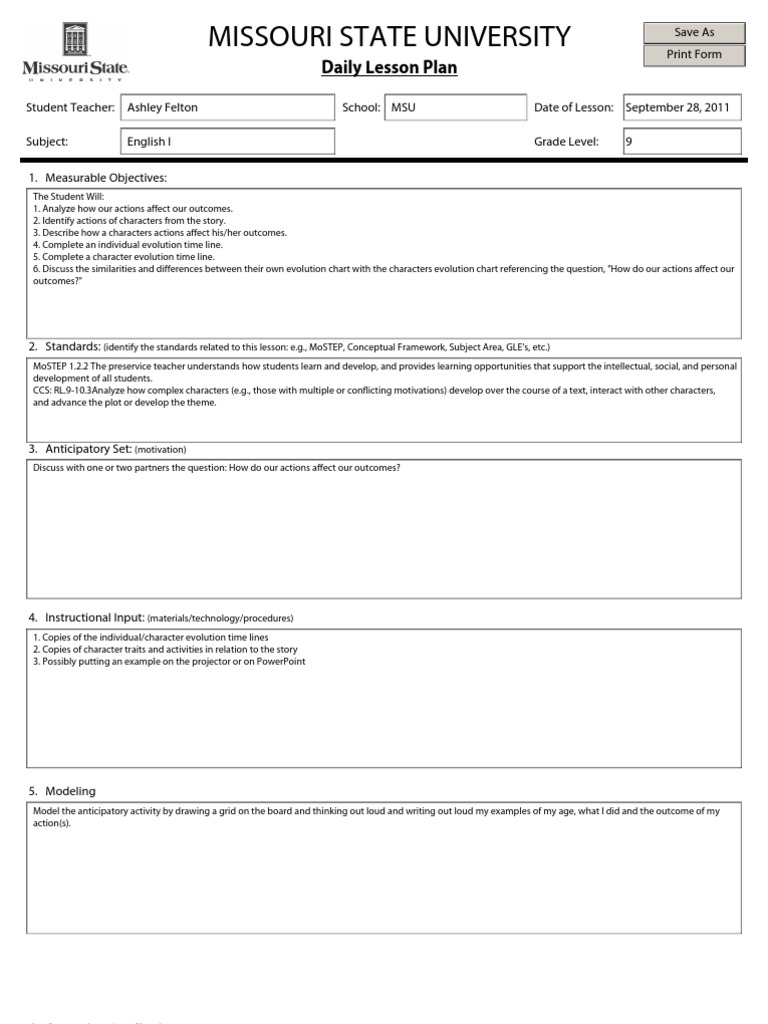 Missouri State University: Daily Lesson Plan | PDF | Learning Styles ...
