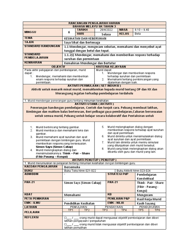 RPH Minggu 6 BM THN 3 | PDF