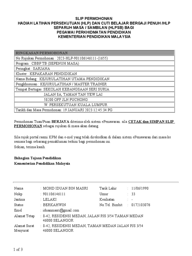 Permohonan HLP dan Cuti Belajar 2023 | PDF