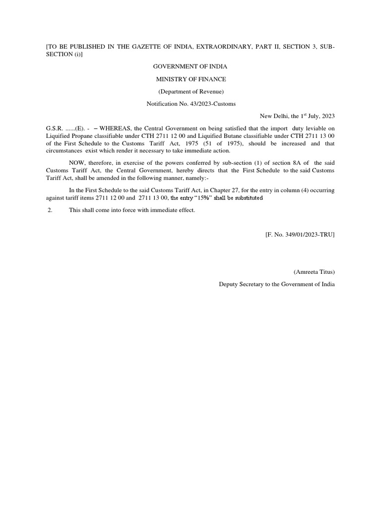 Customs Notification 43 - 2023 | PDF