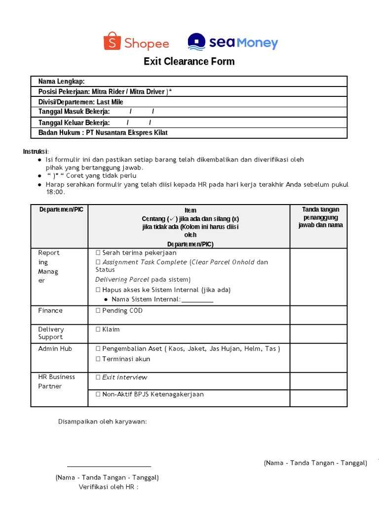 Contoh Formulir Exit Clearance | PDF | Pengelolaan Keuangan & Uang