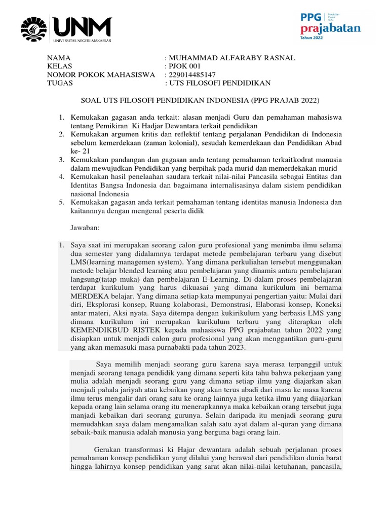 Uts Filosofi Pendidikan Indonesia - Muhammad Alfaraby Rasnal | PDF | Karier & Perkembangan ...