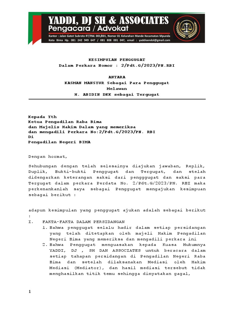 Kesimpulan Perkara Perdata Sengketa Tanah Moa | PDF