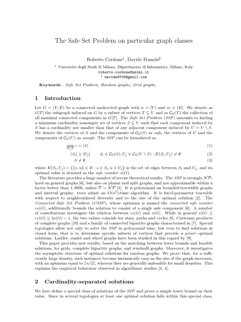 The Safe Set Problem On Particular Graph Classes-1 | PDF | Mathematical Optimization ...