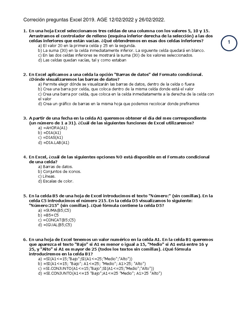 Dosier Preguntas Examen AGE Excel - Alumnos | PDF