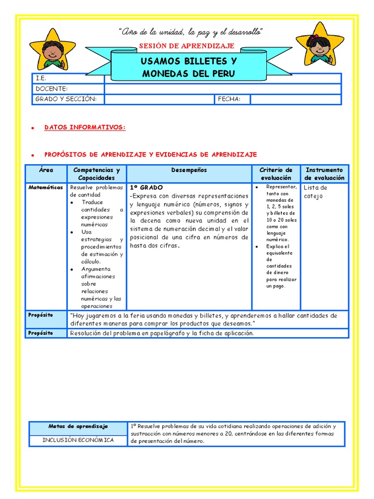Aprendizaje sobre Monedas y Billetes 1° Grado | PDF | Evaluación ...