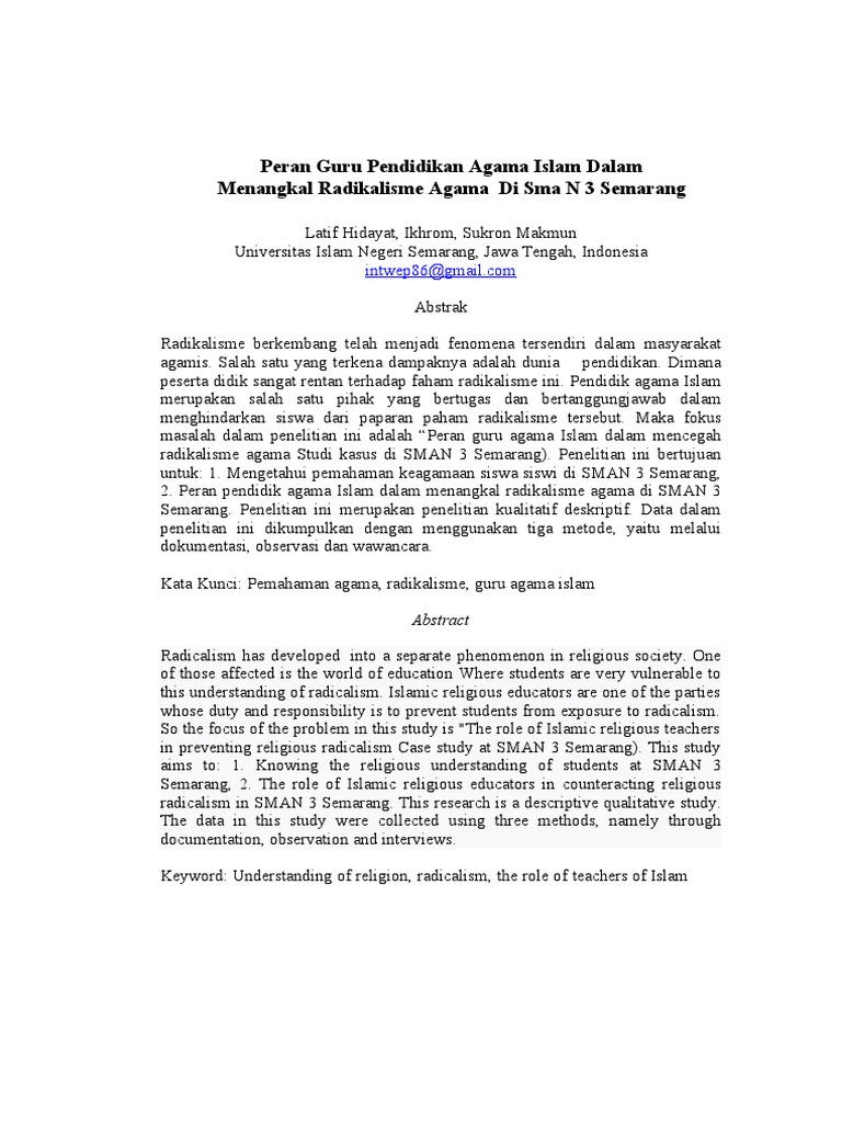 Peran Guru Pendidikan Agama Islam Dalam Menangkal Radikalisme Agama Di Sma N 3 Semarang | PDF ...