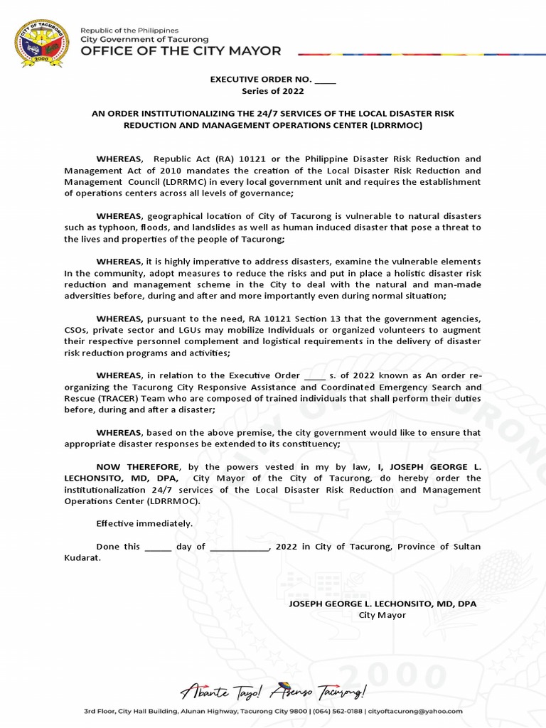 Executive Order Institutionalizing 24-7 Operation of LDRRMOC 2022 | PDF ...