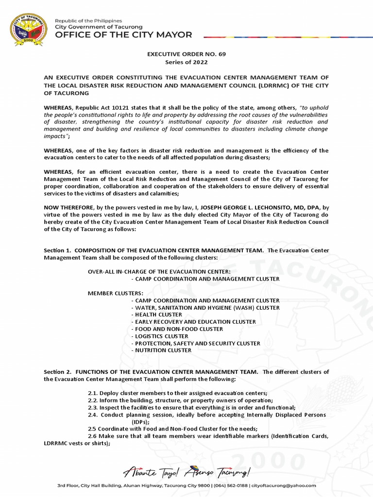 Executive Order Constituting The Evacuation Center Management Team of ...