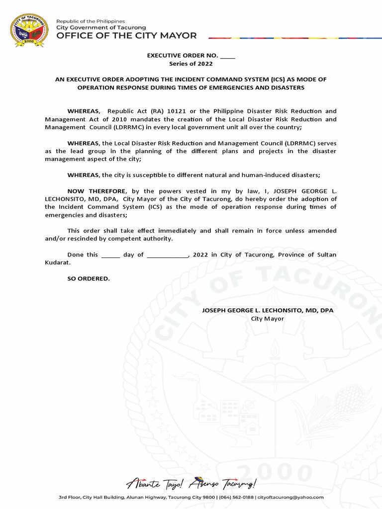 Executive Order Adopting The ICS As Mode of Operation Response During ...