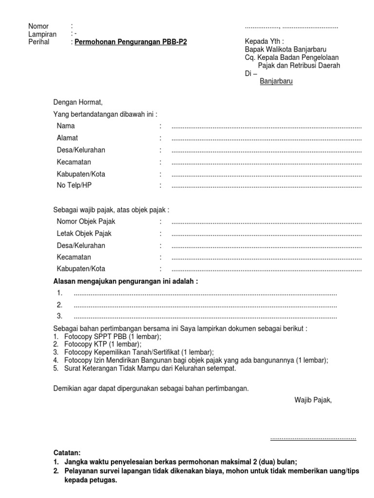 Formulir Pengurangan PBB P2 Kota Banjarbaru | PDF