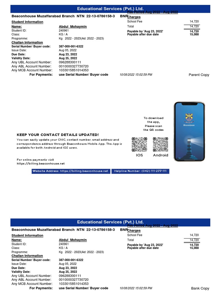 Educational Services (PVT.) LTD.: Beaconhouse Muzaffarabad Branch NTN 22-13-0786158-3 BNR | PDF ...