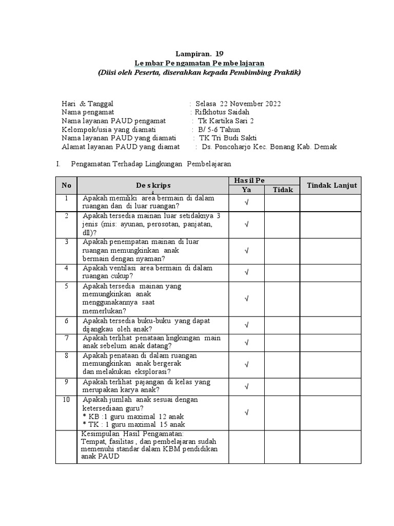 Lampiran - Lembar Pengamatan Pembelajaran | PDF | Kesehatan Holistik