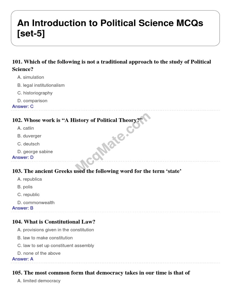 An Introduction To Political Science Solved MCQs (Set-5) | PDF ...