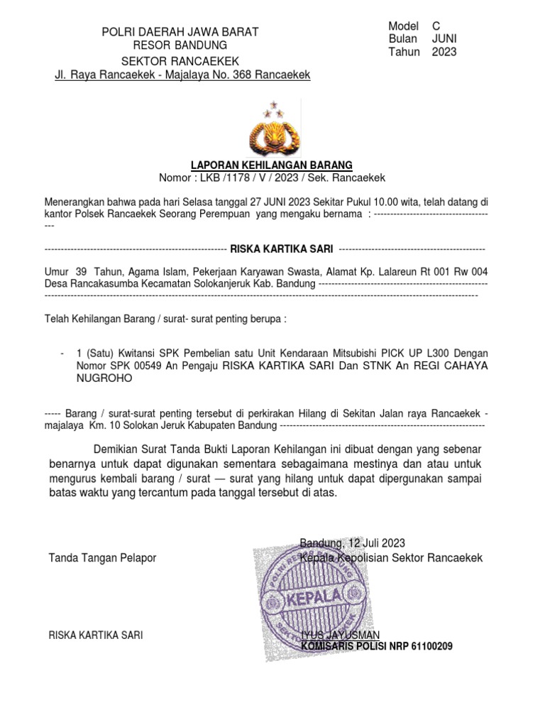 Contoh Surat Tanda Bukti Lapor Kehilangan Surat Barang Dari Kepolisian