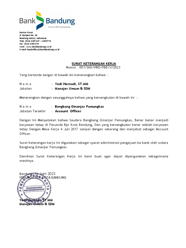 Surat Keterangan Kerja Bank Danamon | PDF