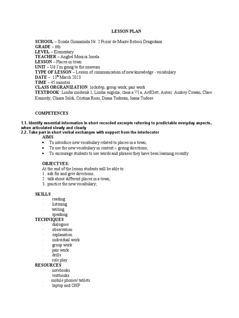 Lesson Plan: Places in Town for 6th Grade | PDF | Vocabulary | Learning