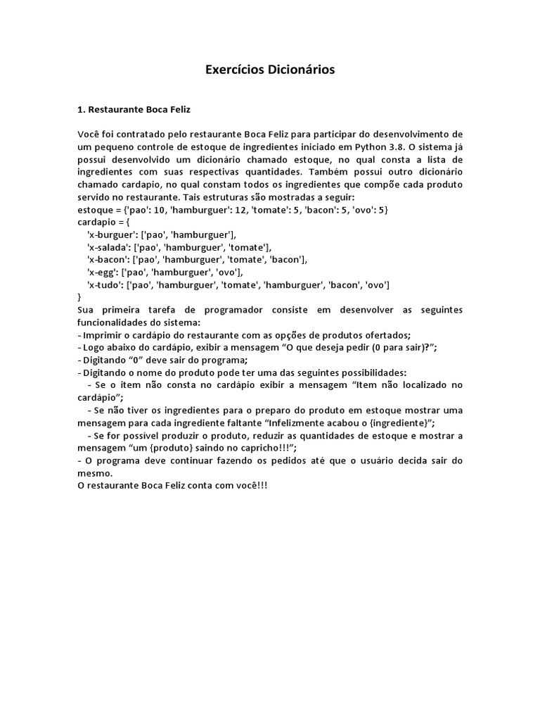 06 Tuplas E Dicionários Exercícios Pdf Informática