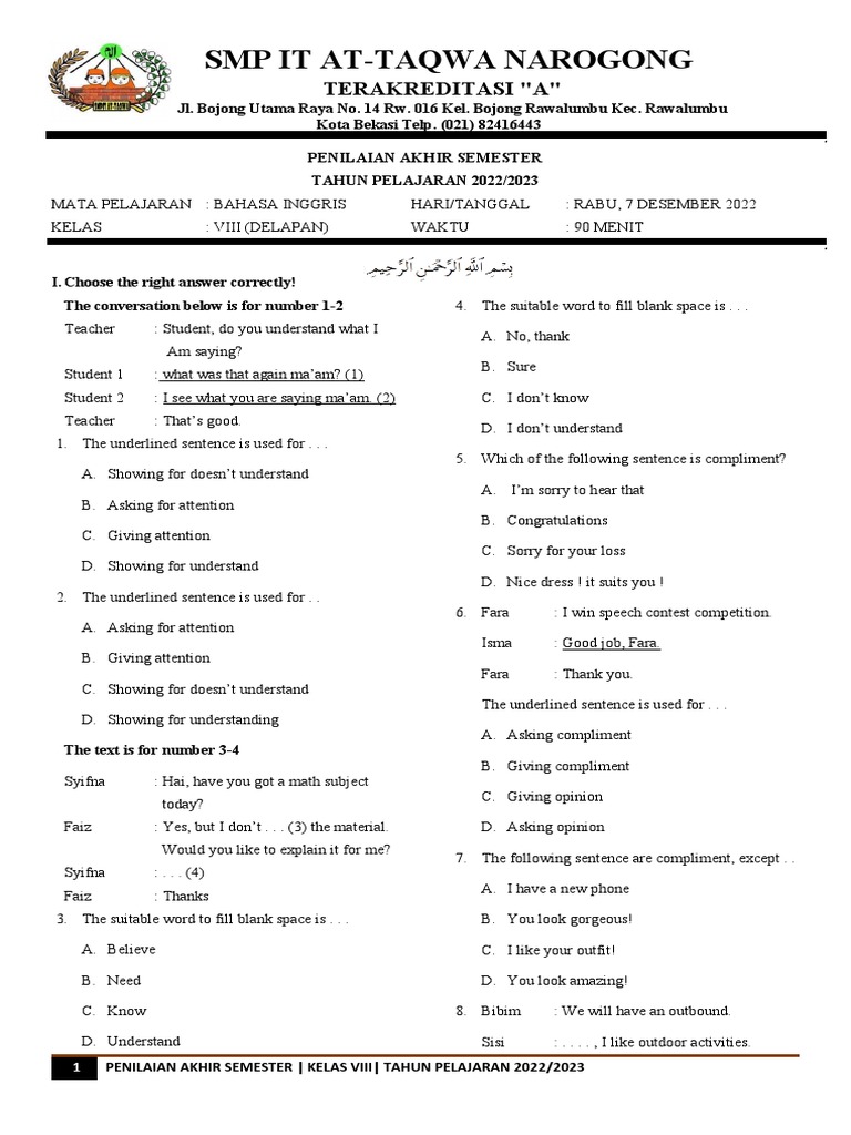 Soal PAS 8 ENGLISH 2223 | PDF