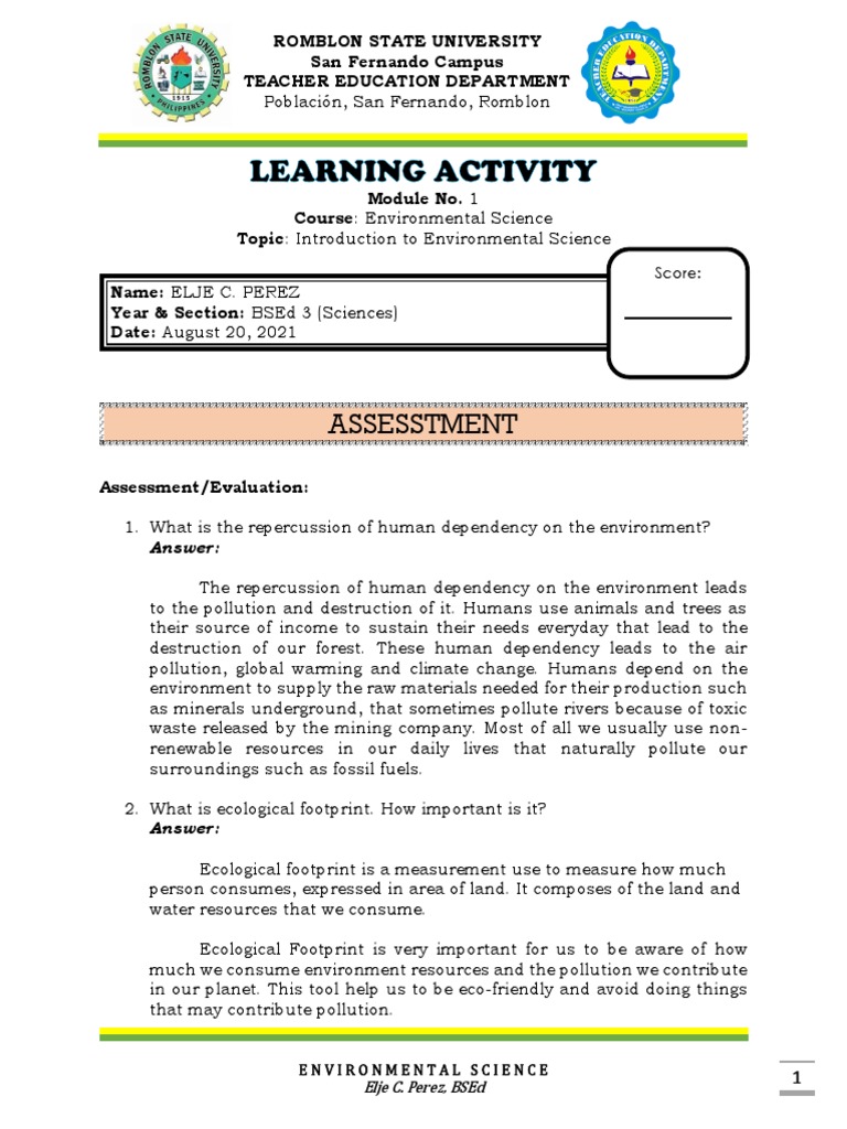 Learning Activity | PDF | Ecology | Environmental Science