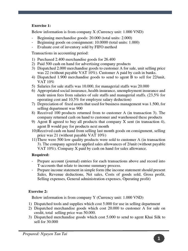 Income Summary Exercises Pdf 