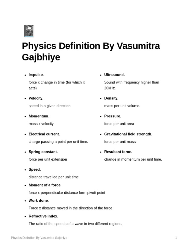 Physics Definition by Vasumitra Gajbhiye | PDF | Force | Refraction