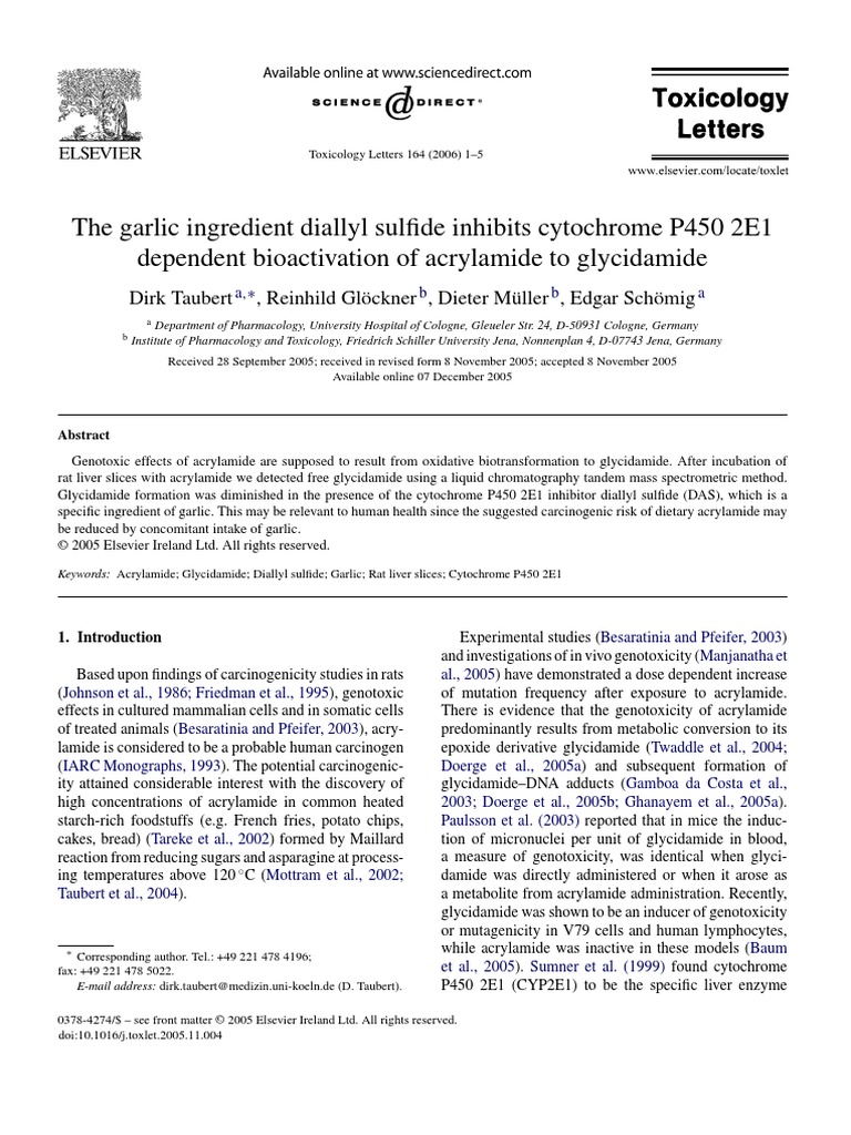 The Garlic Ingredient Diallyl Sulfide Inhibits Cytochrome P450 2E1 ...